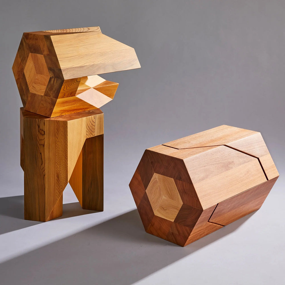 Yosegi Wood Stool Pair | Japanese Craftsmanship by Yoshiaki Ito